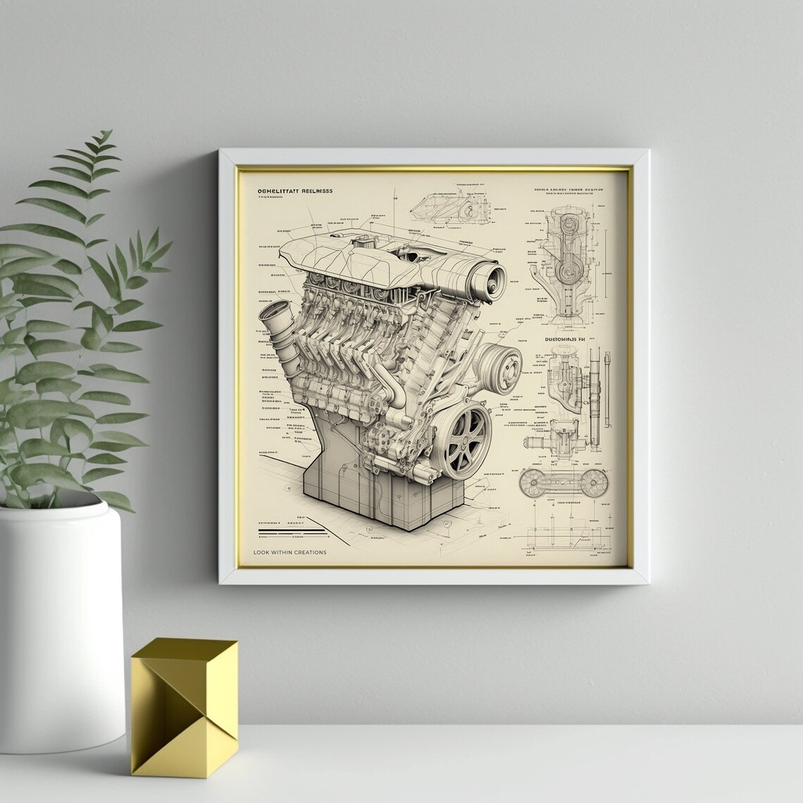 Automotive Engine Artistic Diagram | Mechanic Garage Decor | Car Engine ...