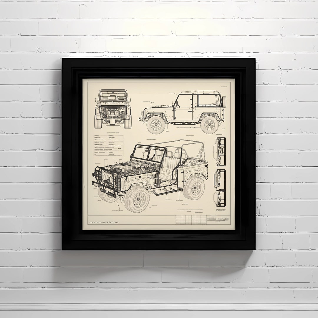 Land Rover Defender Artistic Diagram | 4x4 Off-roader Garage Decor ...