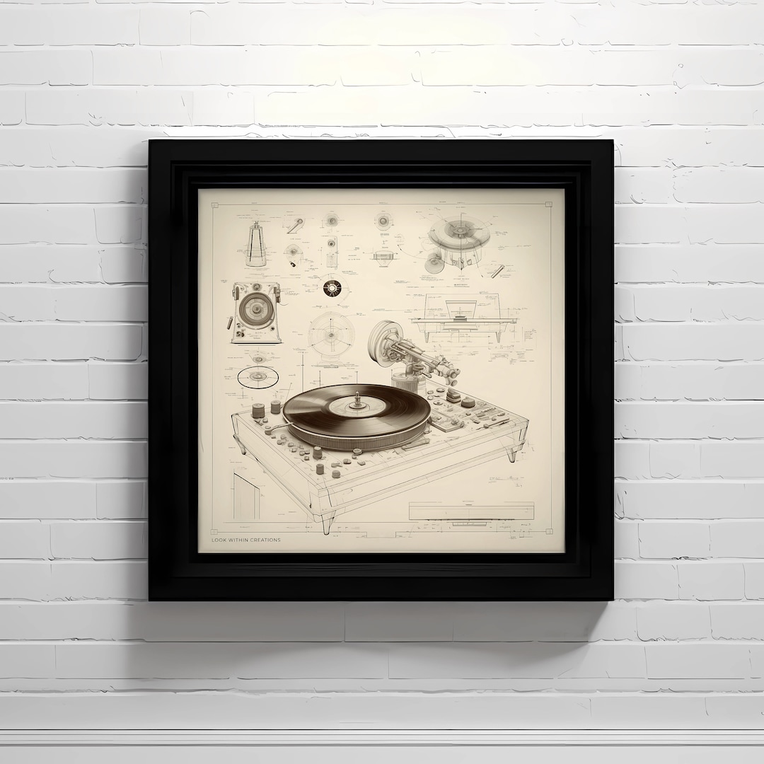 Vintage Turntable Artistic Diagram | Retro Music Lover Wall Decor ...
