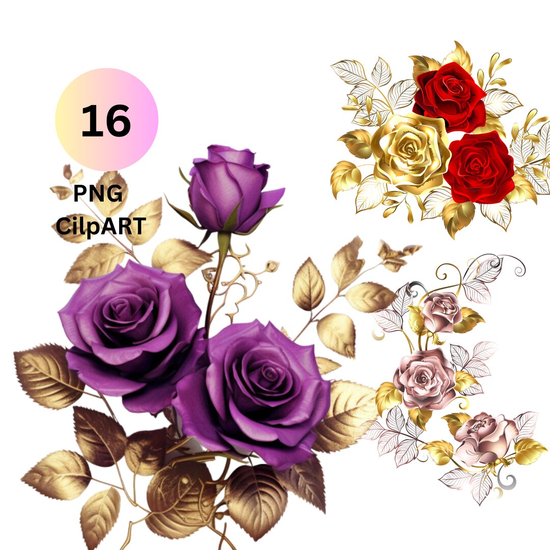 Red and Gold Floral Clip Art, Pink and Purple Gold Floral , Digital ...