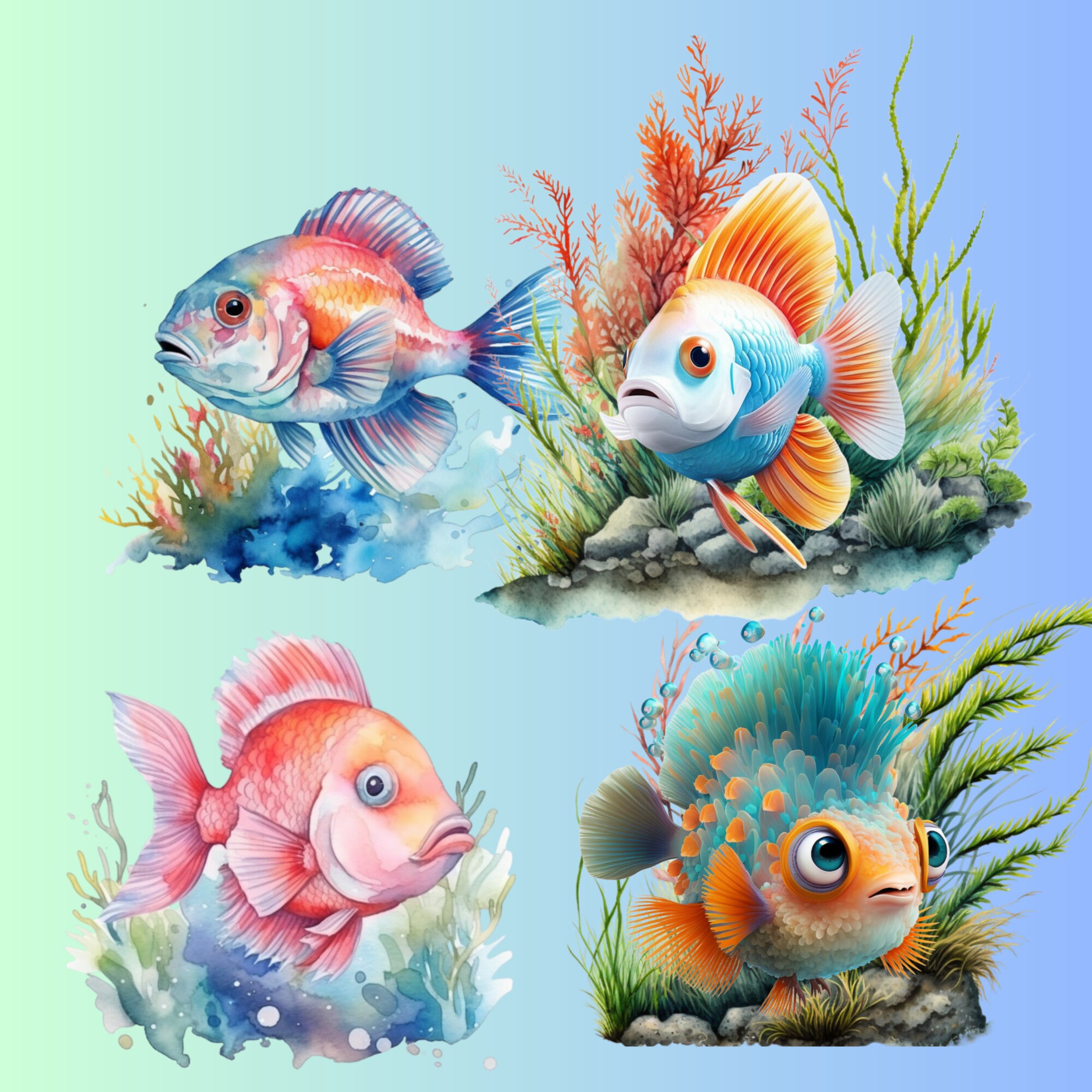 14 Fish Clipart, Transparent Background - Etsy