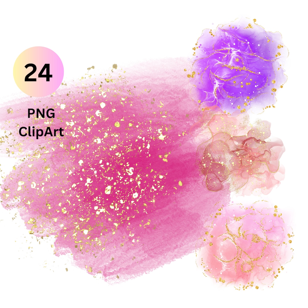 Watercolor Pink , Purple, and Gold Paint Elements Clipart, Watercolor ...