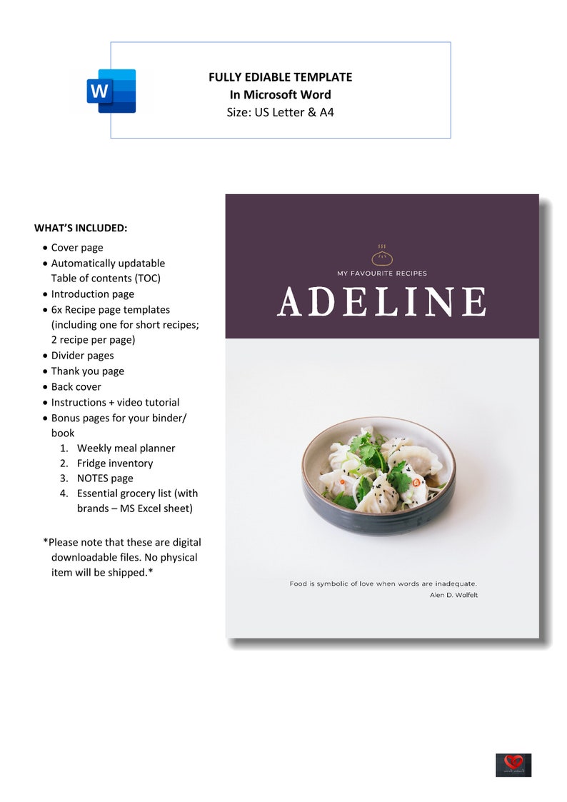 Printable Recipe Book Kit, Editable Recipe Template for Word, Digital ...