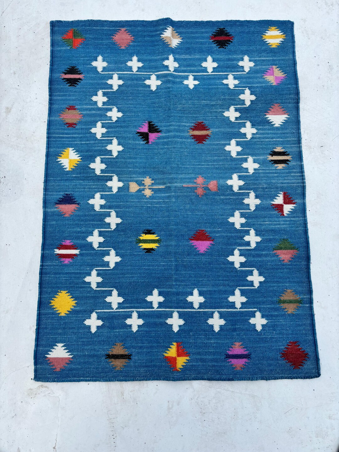 Blue and White Shooting Star Handmade Cotton Area Flat Weave Rug ...