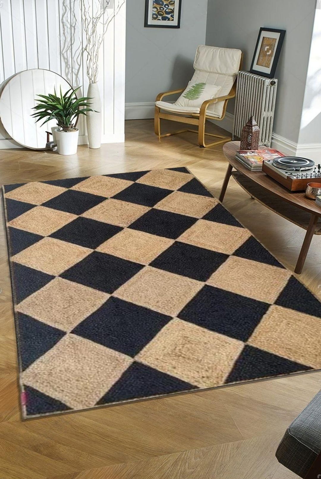 Checkered Jute Rug, Custom Size Runner Rug, Hallway Runner, Boho Jute ...