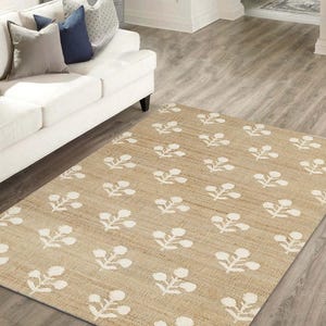 10x14 Jute Rug, Ivory Flower Natural Jute Rug, Wool Hand Woven Premium ...