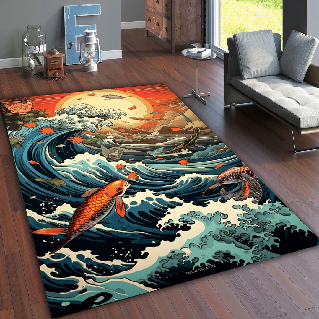 Fuji Wave Rug, Fuji Rug, Japanese Fish Pattern Rug, Japanese Rug, Fish ...