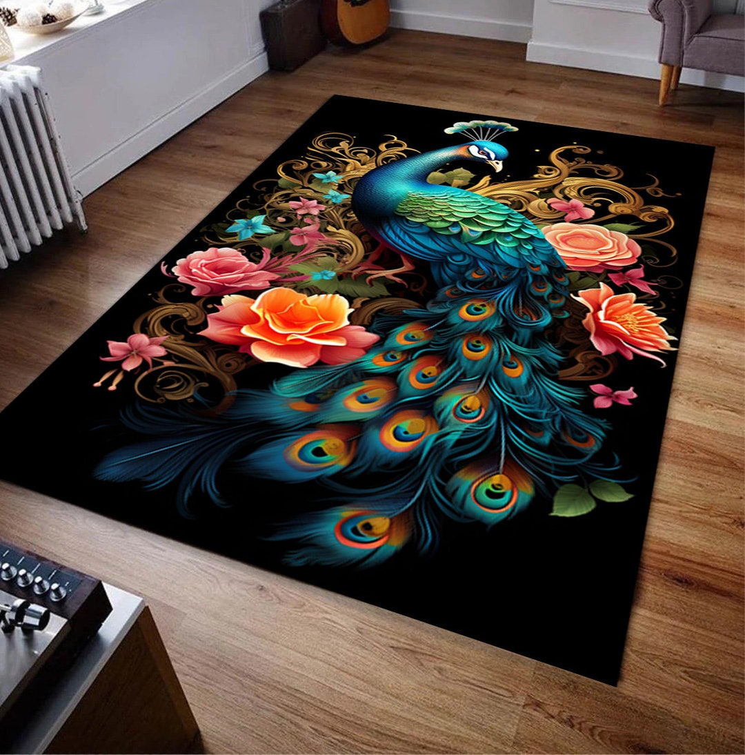 Peacock Rug, Peacock Design Rug, Animal Decor Rug, Decorative Rug ...