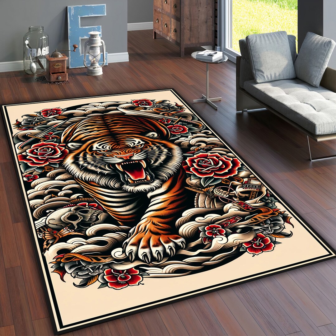 Tiger Themed Rug, Tattoo Design Rug, Traditional Tattoo Rug, Custom Rug ...