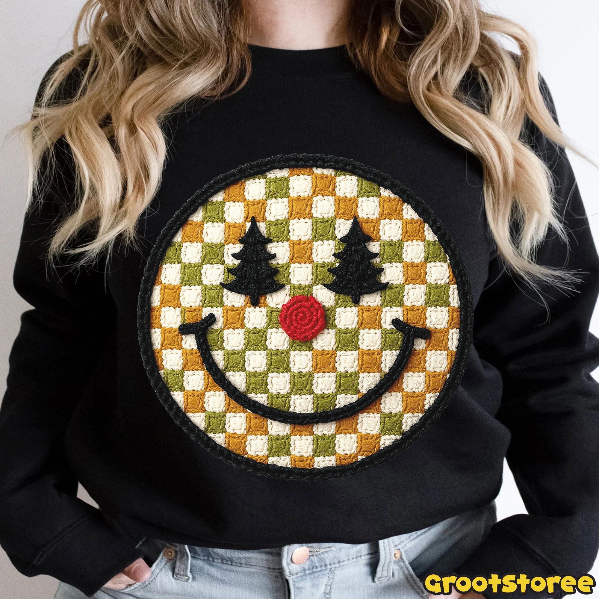 Crochet Smiley Christmas PNG, Trendy Checkered Holiday Clipart, Preppy ...