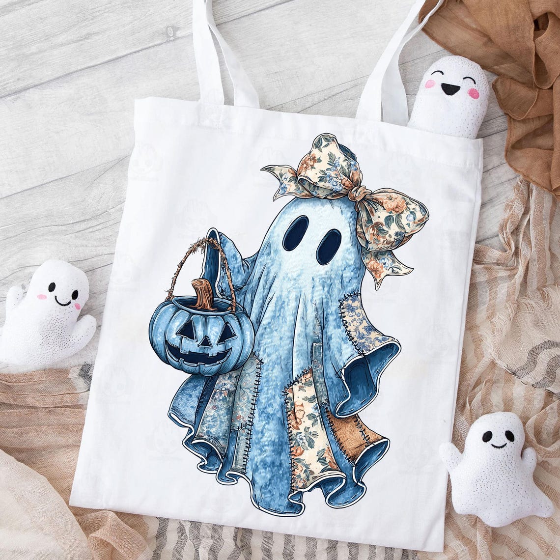 Retro Halloween Blue Denim Ghost Png, Trendy Patchwork Spooky Ghost Png ...