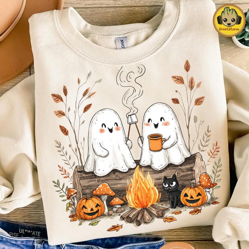 Retro Cute Ghost Halloween Png, Fall Camping Boo Ghosts Png, Autumn ...