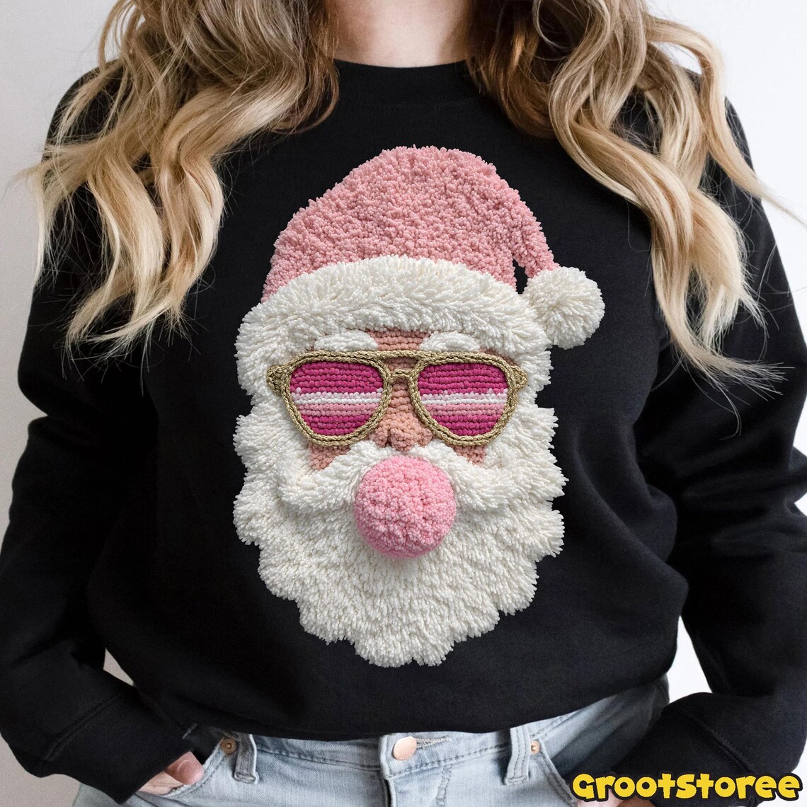 Pink Santa Blowing Bubble Gum PNG, Retro Latch Hook Yarn Crochet Santa ...
