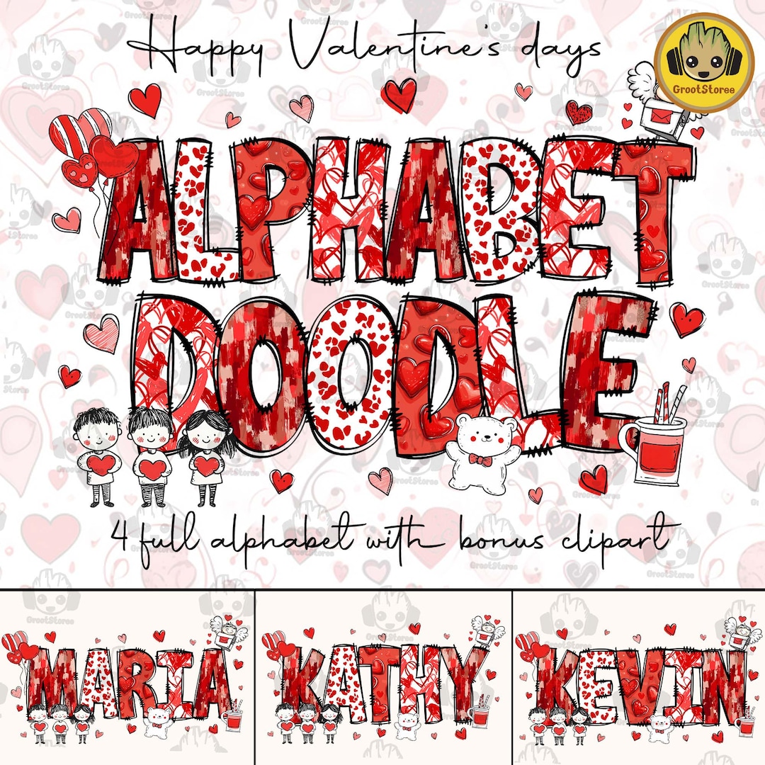 Valentine Alpha Doodle Set Png Bundle, Valentine Brushstroke ABC ...