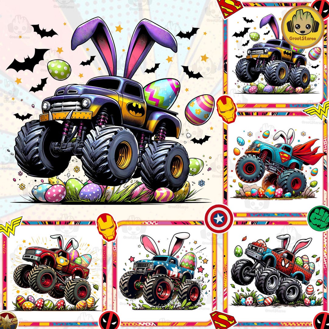 5 Superhero Monster Truck Png Bundle, Monster Truck Easter Day Png ...