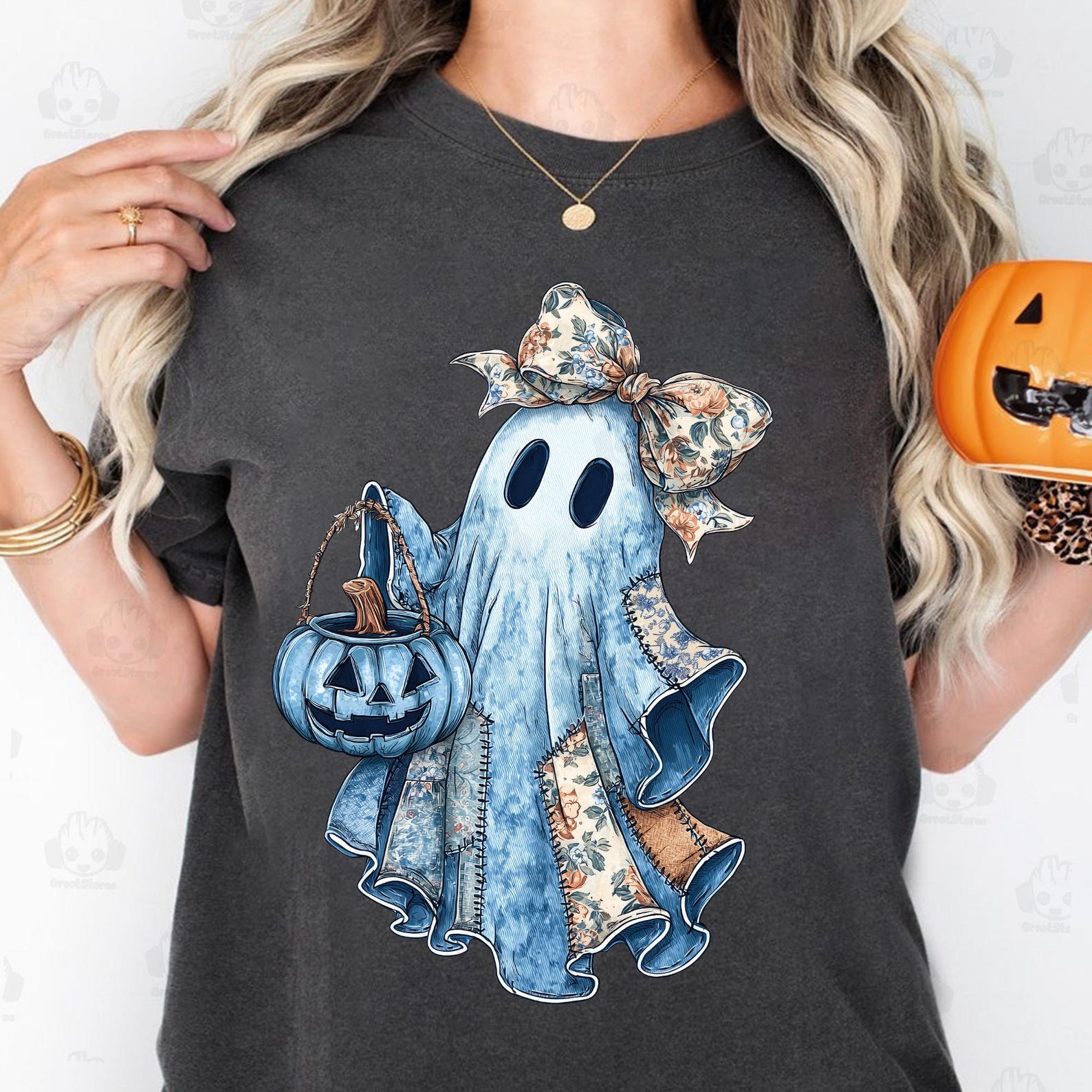 Retro Halloween Blue Denim Ghost Png, Trendy Patchwork Spooky Ghost Png ...