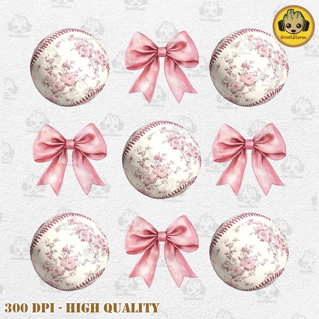 Retro Pink Chinoiserie Baseball Coquette Bow Png, Funny Baseball Png ...