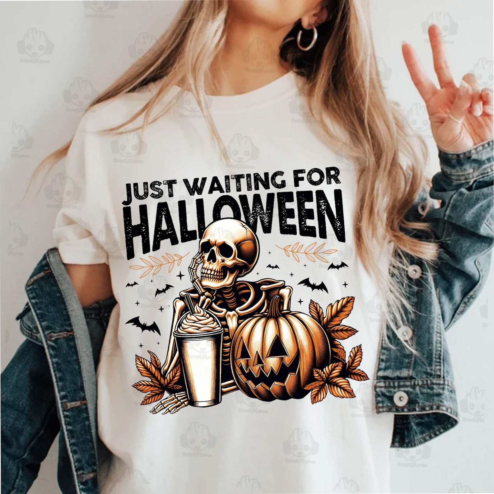 Just Waiting for Halloween Png, Skeleton Design Png, Vintage Halloween ...
