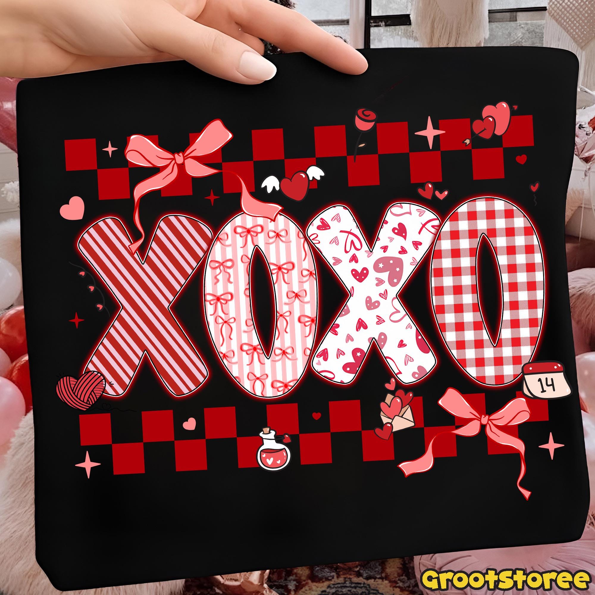 Preppy XOXO Valentine Png, Pink & Red Heart Coquette Design, Cute ...
