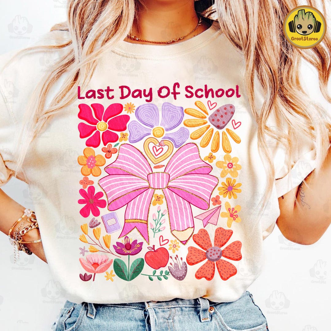 Last Day of School PNG, Pink Bow Pencil and Flowers Sublimation Design ...