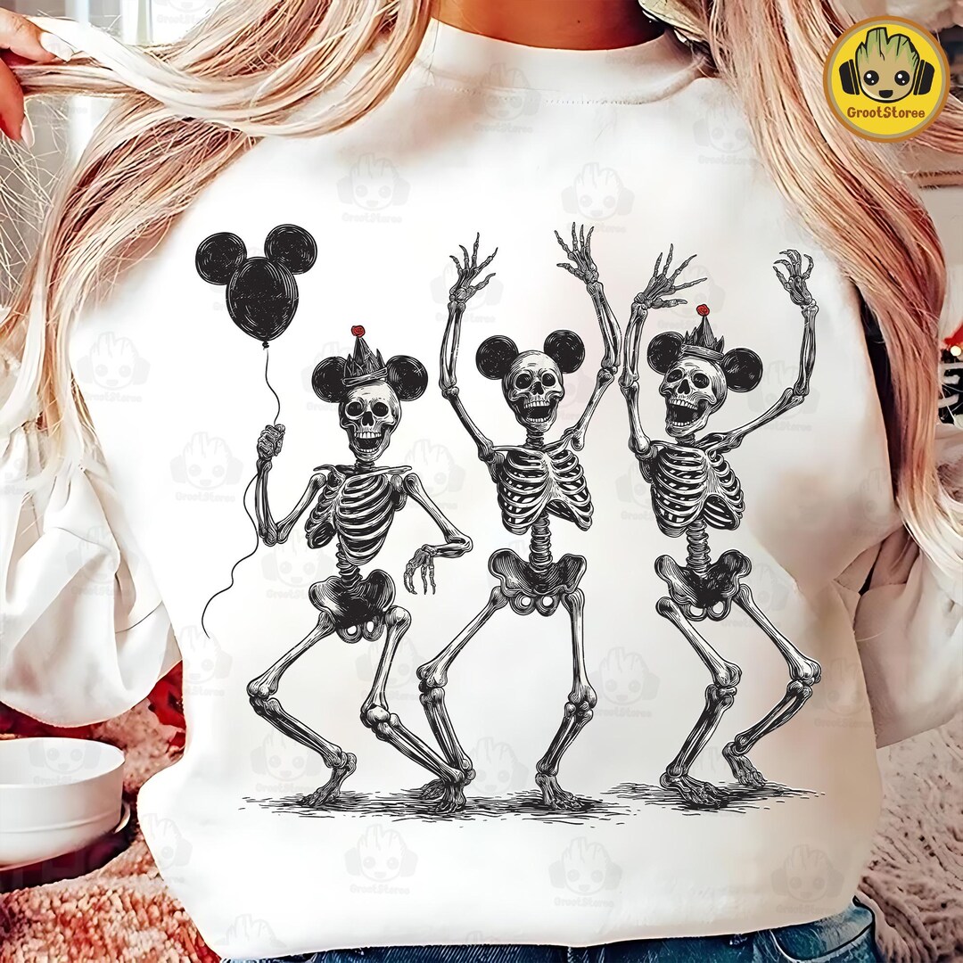 Retro Halloween Dancing Skeletons Png, Mouse Cartoon Skeleton Shirt ...