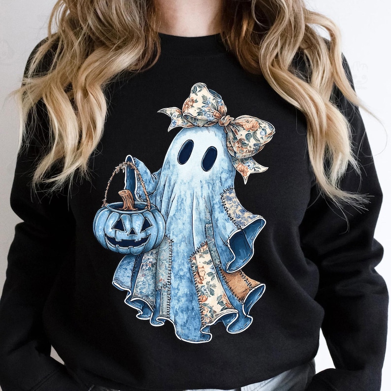 Retro Halloween Blue Denim Ghost Png, Trendy Patchwork Spooky Ghost Png ...