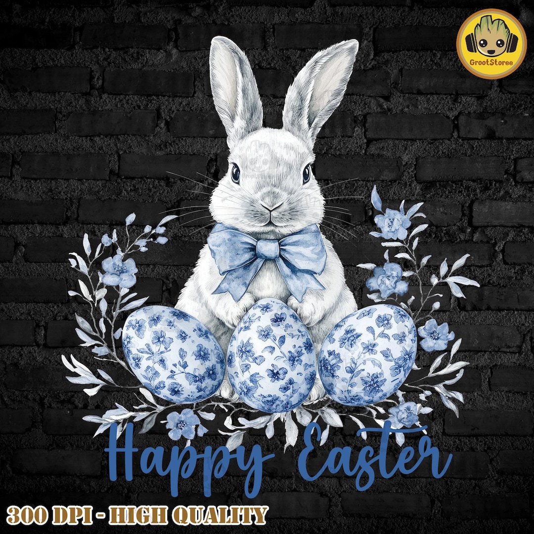 Blue Floral Chinoiserie Bunny Png, Grand Millennial Easter Png, Easter ...