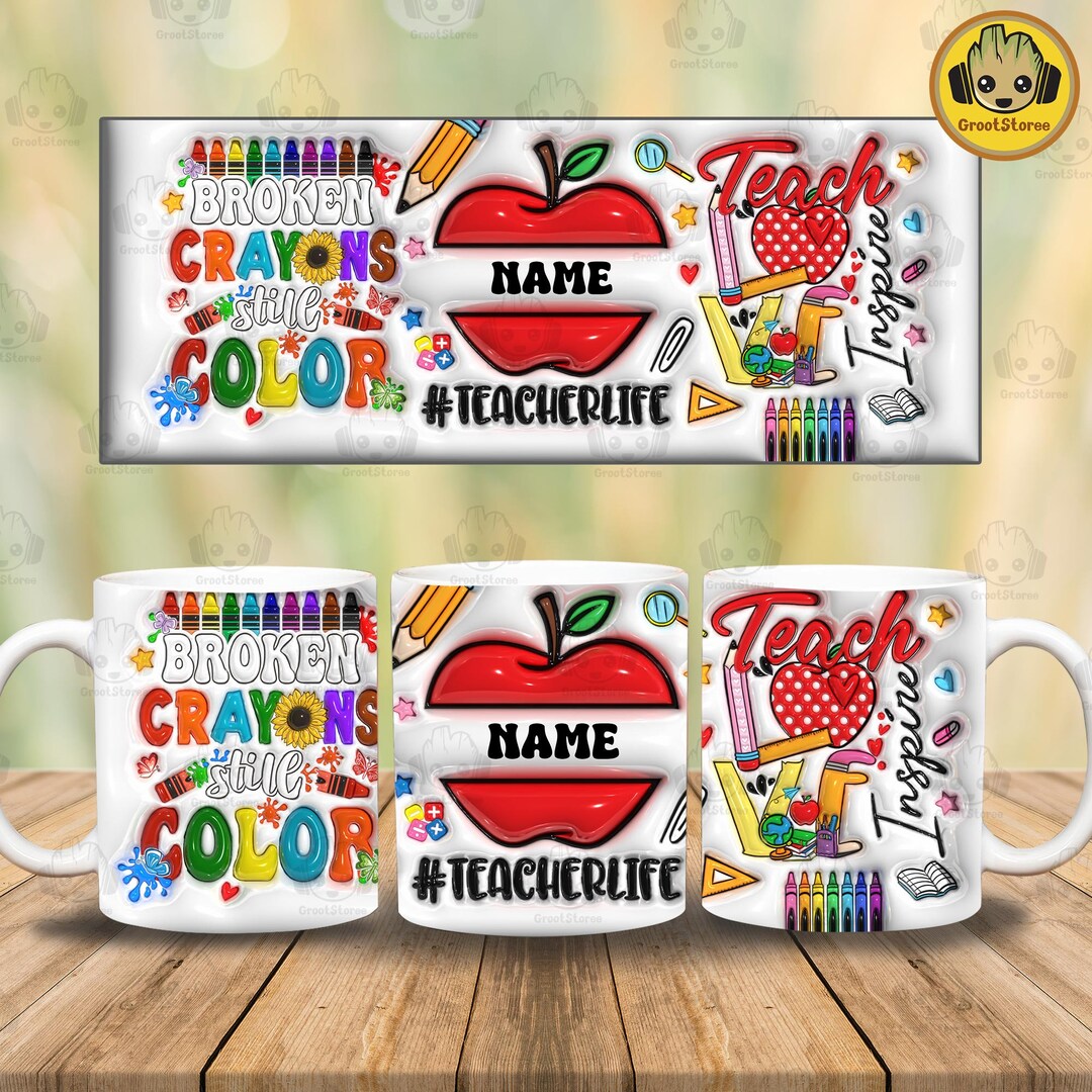 3D Inflated Custom Teacher Name Mug Wrap, Retro Teacher Life 11oz, Back ...