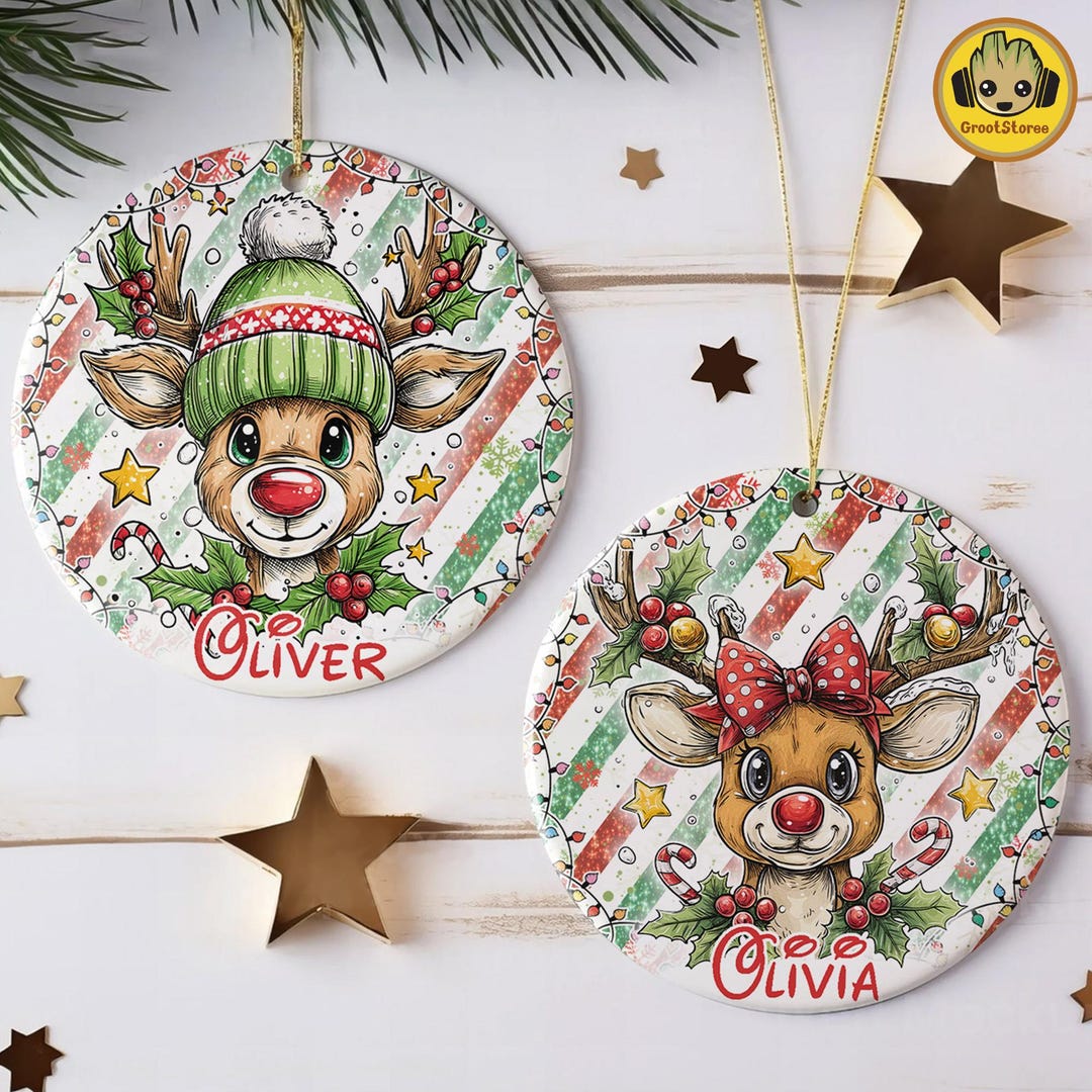 Custom Reindeer Christmas With Kids Name Ornament Png, Trendy Boy Girl ...