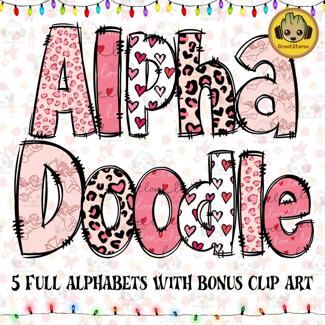 5 Valentine Alpha Doodle Set Png, Valentine Leopard ABC Alphabet Png ...