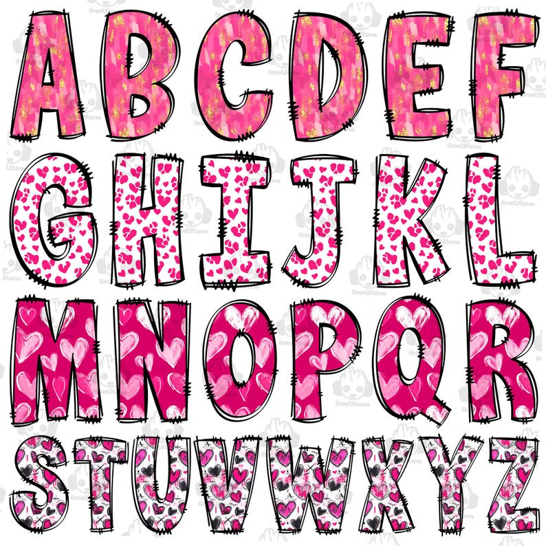 Pink Valentine Alpha Doodle Set Png Bundle, Valentine Brushstroke ABC ...