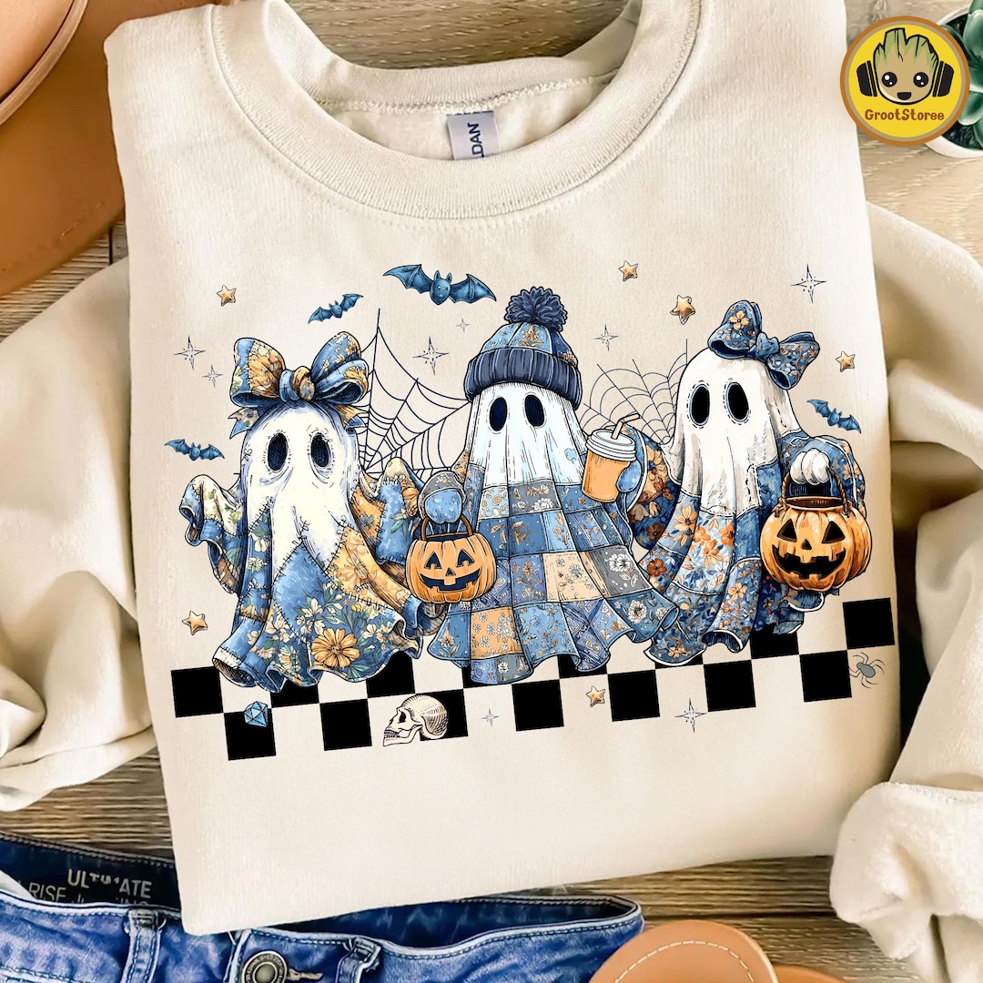 Retro Halloween Blue Denim Ghost Png, Trendy Patchwork Spooky Ghost Png ...