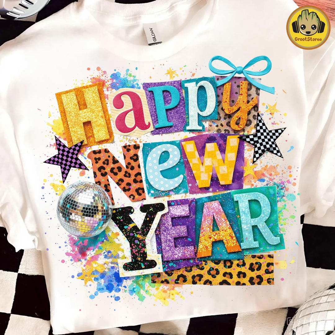 Feliz Año Nuevo (Png), Diseño de camiseta retro de Año Nuevo Y2K (Png ...