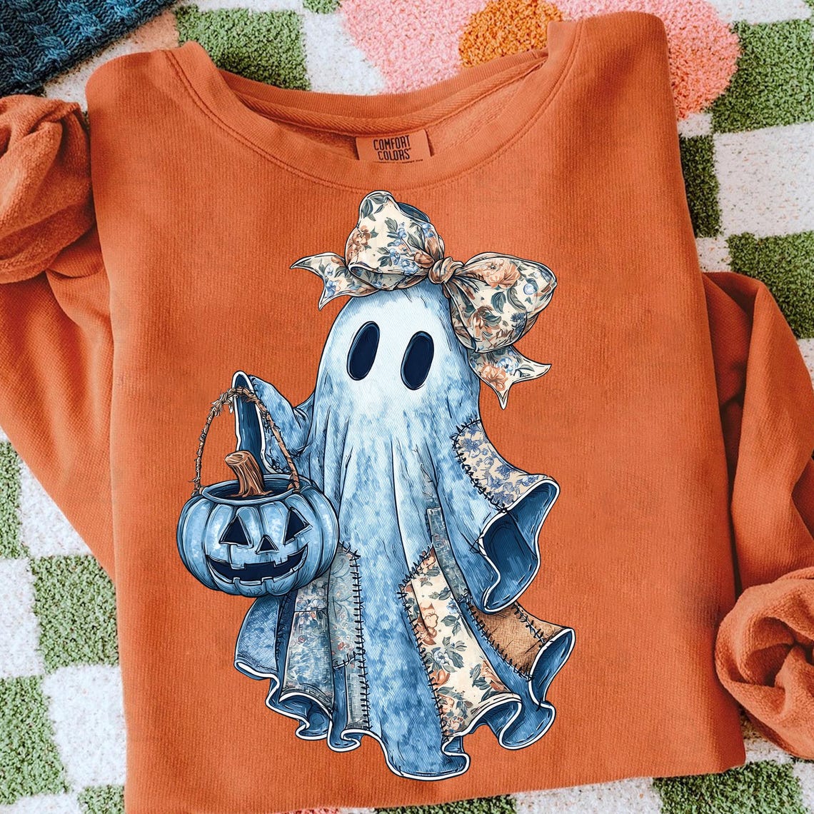 Retro Halloween Blue Denim Ghost Png, Trendy Patchwork Spooky Ghost Png ...