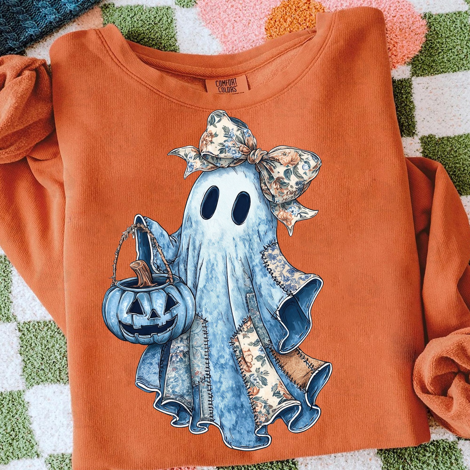 Retro Halloween Blue Denim Ghost Png, Trendy Patchwork Spooky Ghost Png ...