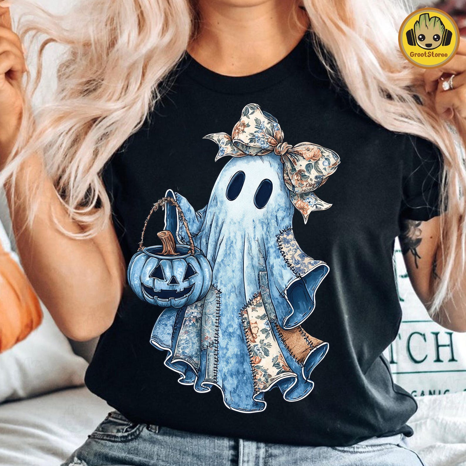 Retro Halloween Blue Denim Ghost Png, Trendy Patchwork Spooky Ghost Png ...