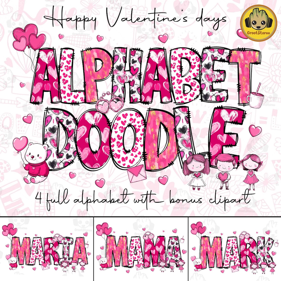 Pink Valentine Alpha Doodle Set Png Bundle, Valentine Brushstroke ABC ...