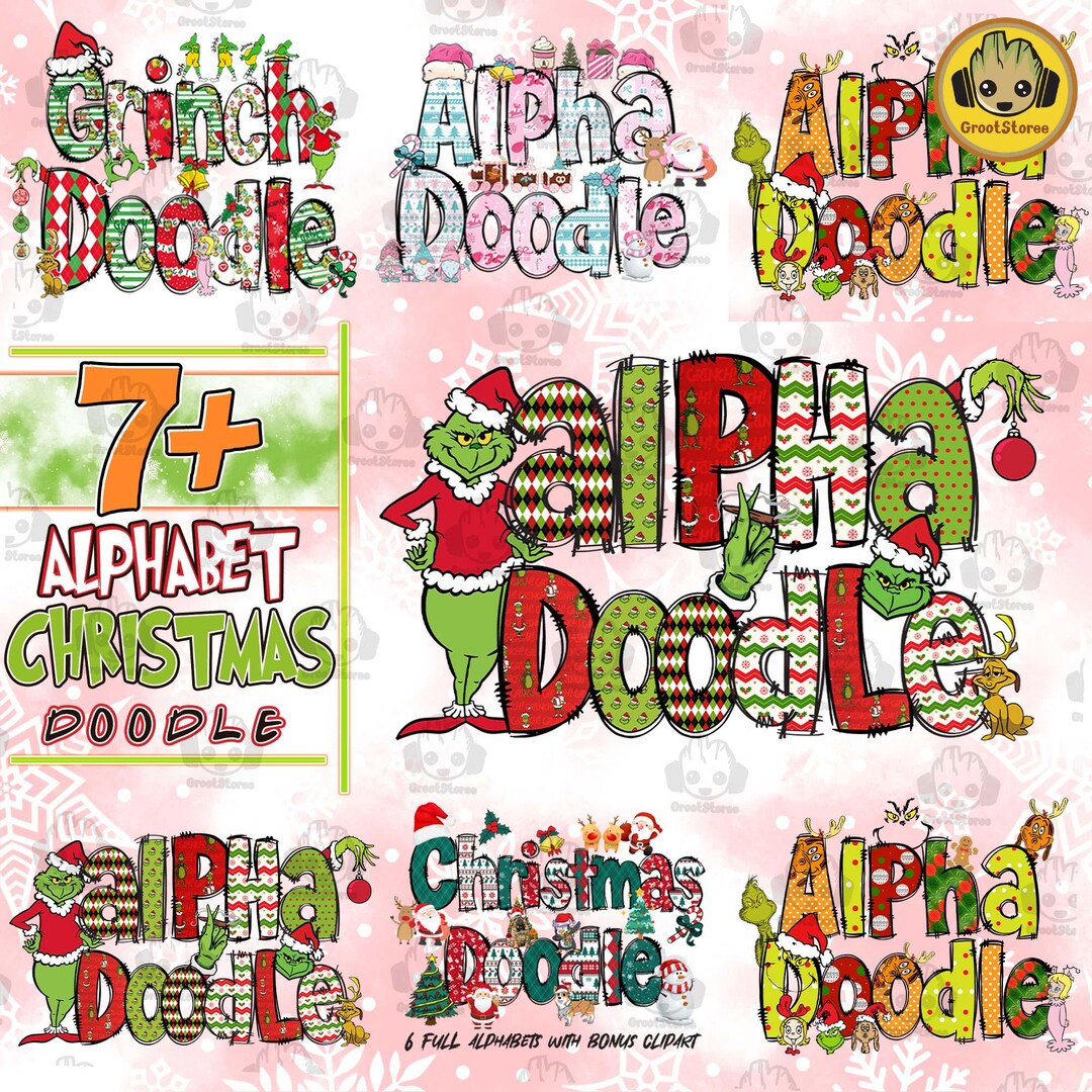 7 Set Christmas Alpha Doodle Png Bundle, Christmas Character Alphabet ...