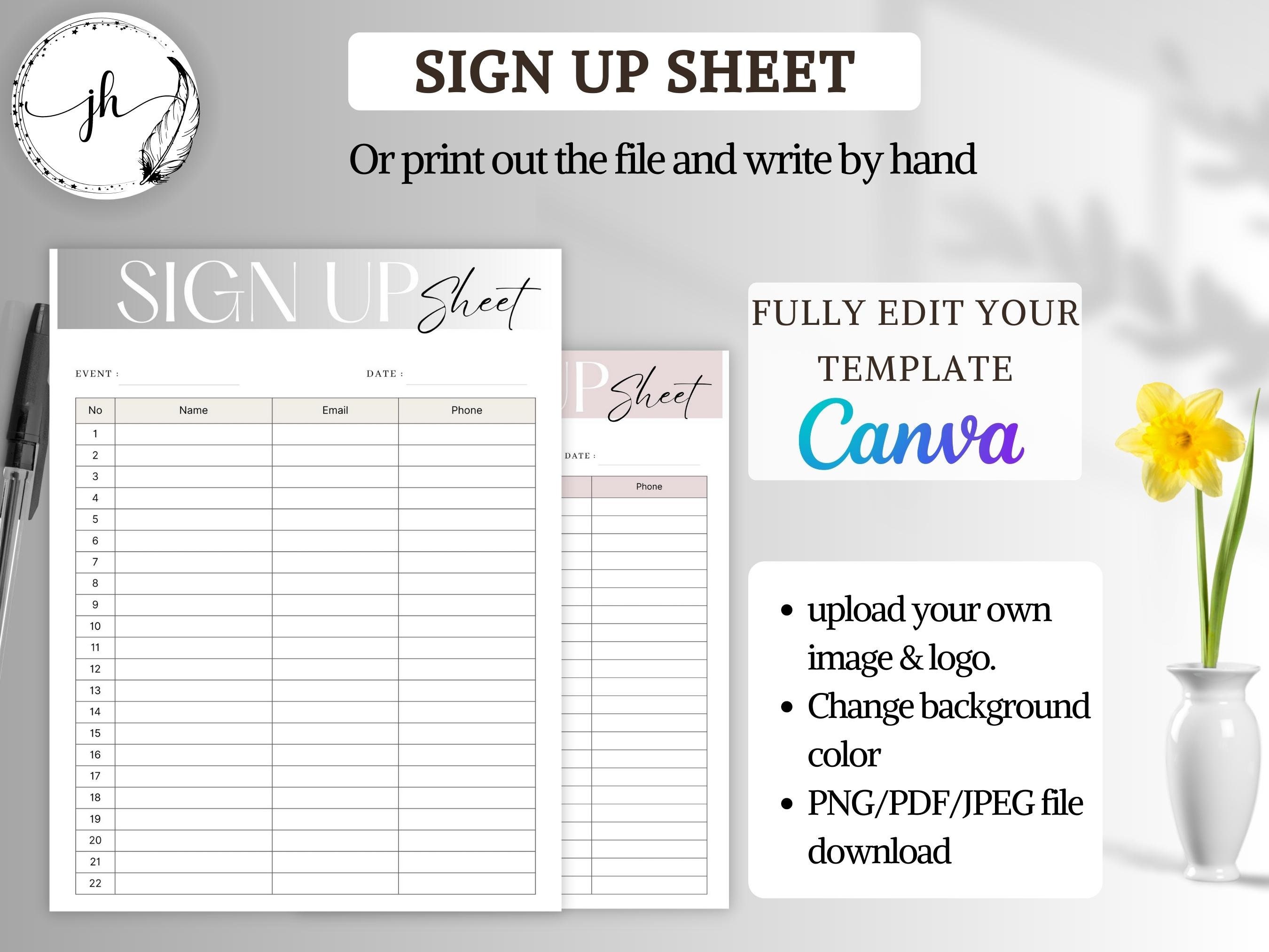 Editable Sign up Sheet Template, Printable Sign up Template, Sign up ...