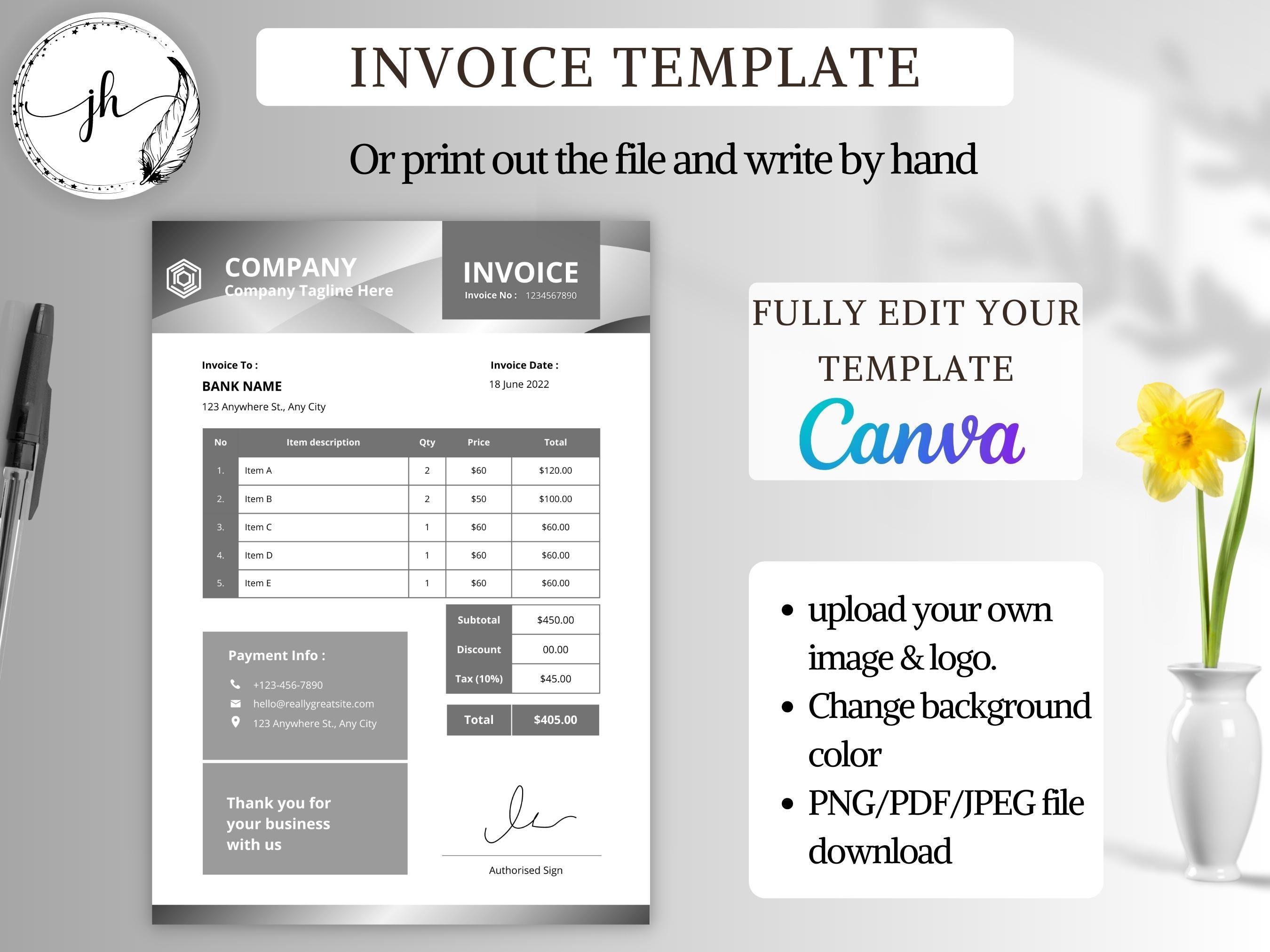 Invoice Template, Order Form Template, Printable Invoice, Editable ...