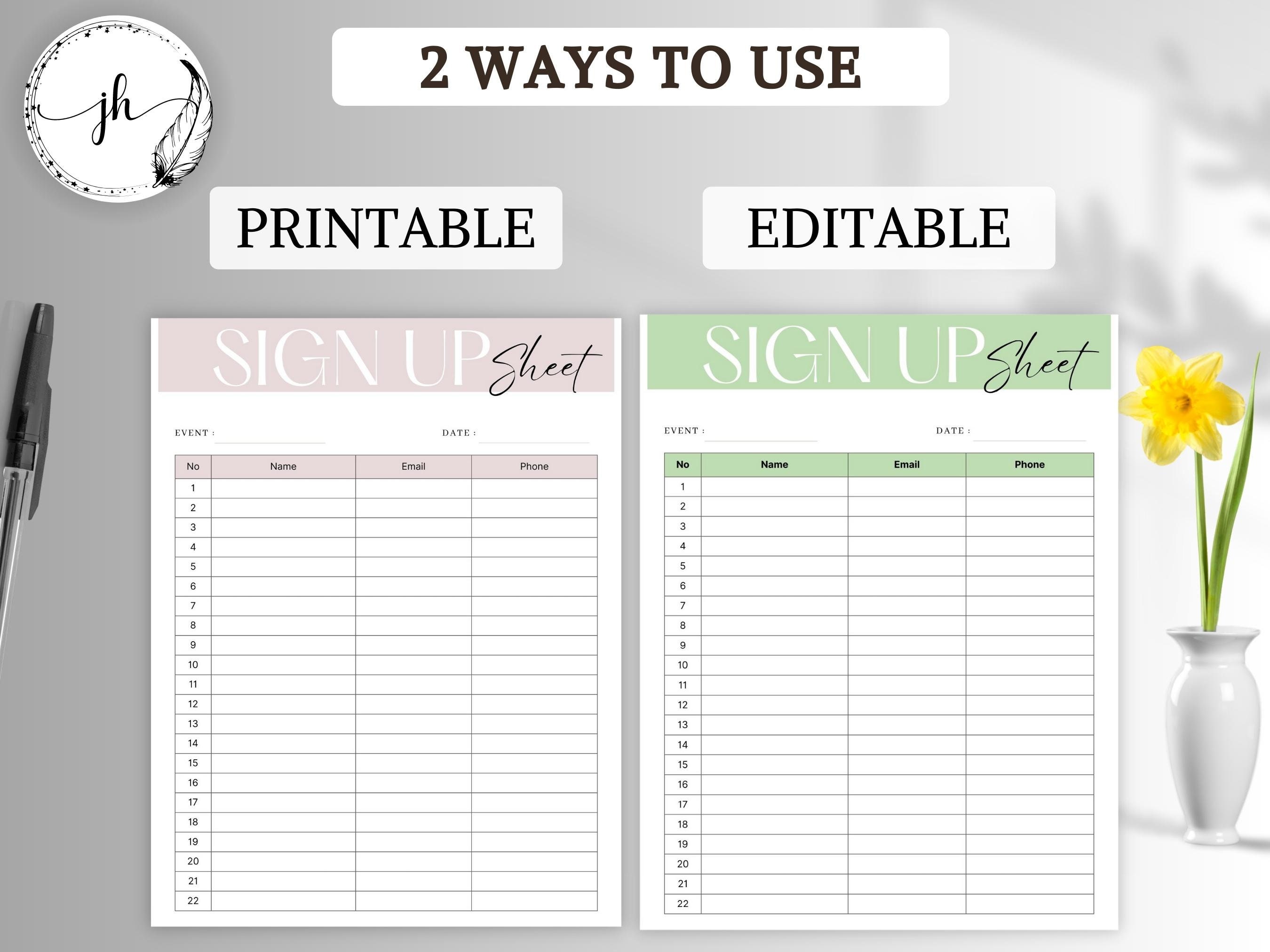 Editable Sign up Sheet Template, Printable Sign up Template, Sign up ...