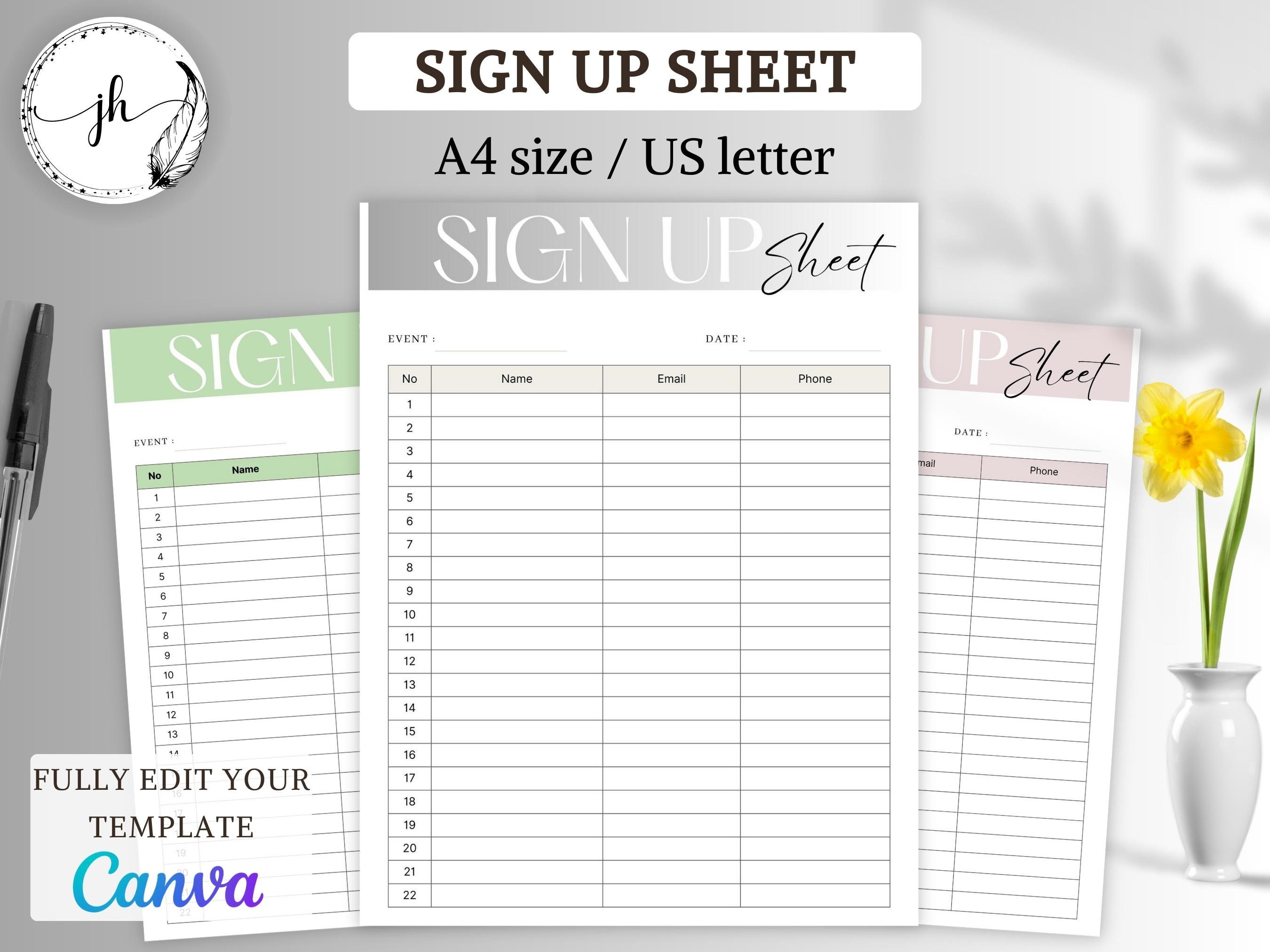 Editable Sign up Sheet Template, Printable Sign up Template, Sign up ...