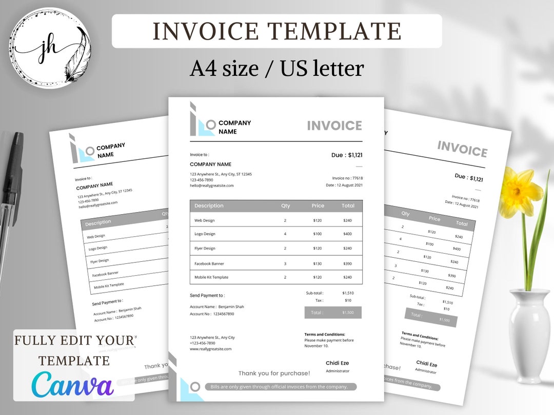 Invoice Template, Order Form Template, Printable Invoice, Editable ...