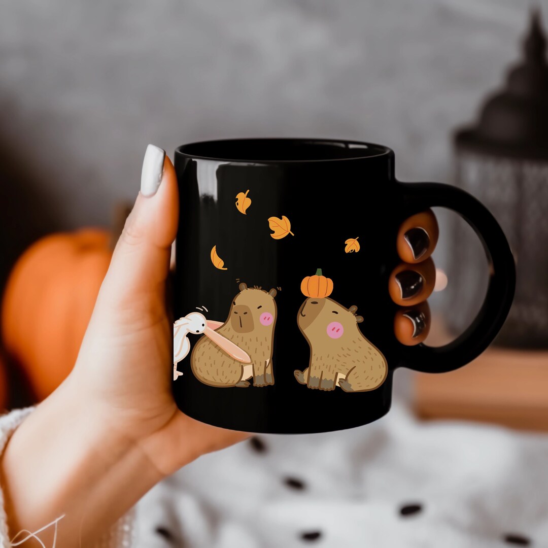 Capybara Fall 11oz Ceramic Black Mug, Capybara Mug, Capybara Gift, Fall ...
