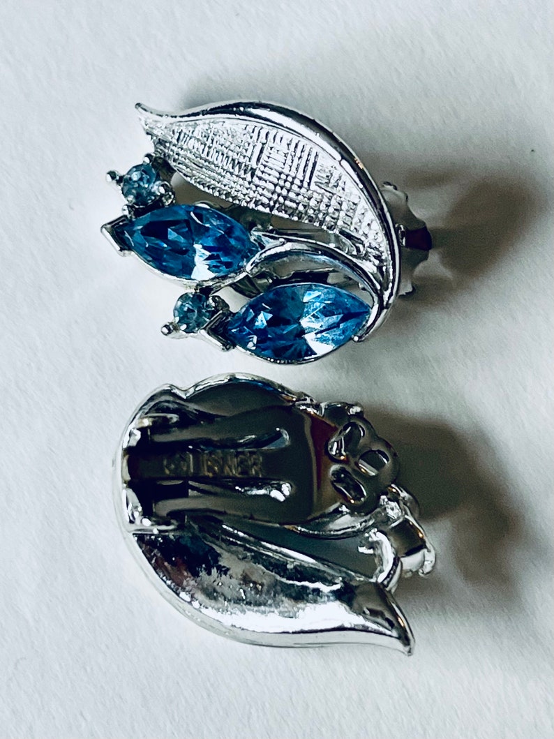 Vintage Clip on LISNER Earrings Solver Tone Blue Crystal Costume ...