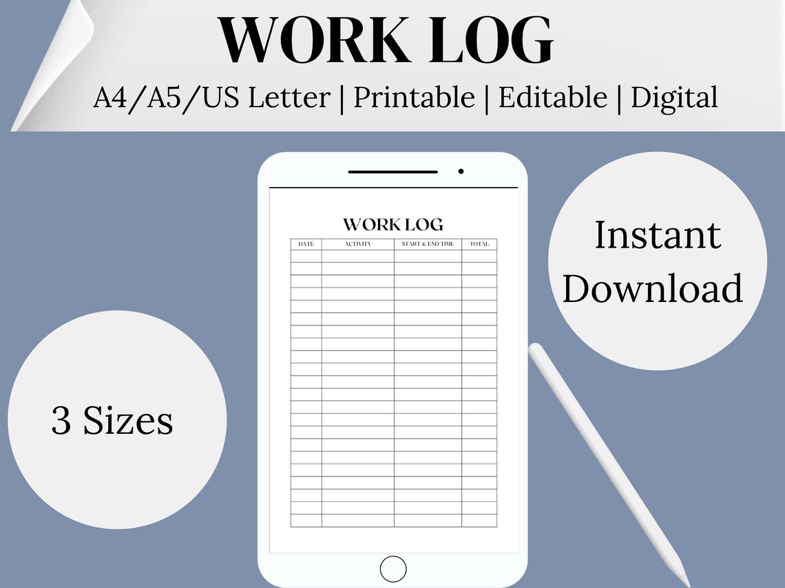 Editable Work Log,work Log Printable,working Hours Log,instant Download ...