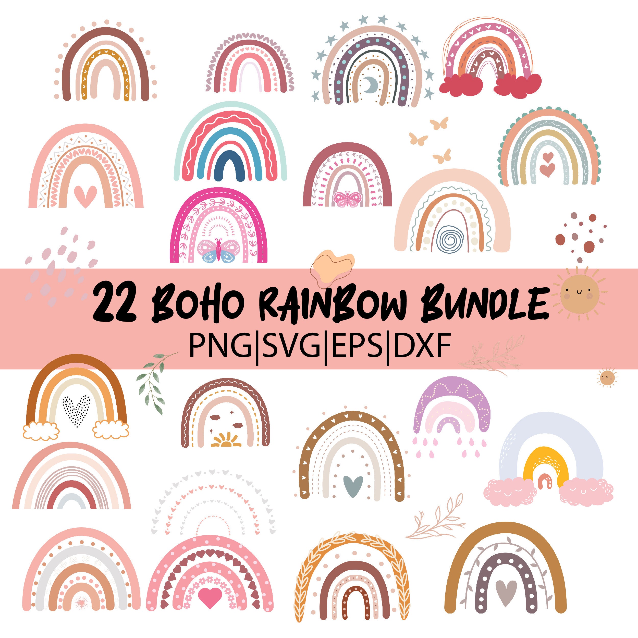 Boho Rainbow SVG Bundle, Rainbow SVG, Rainbow Png, Cute Rainbow SVG ...