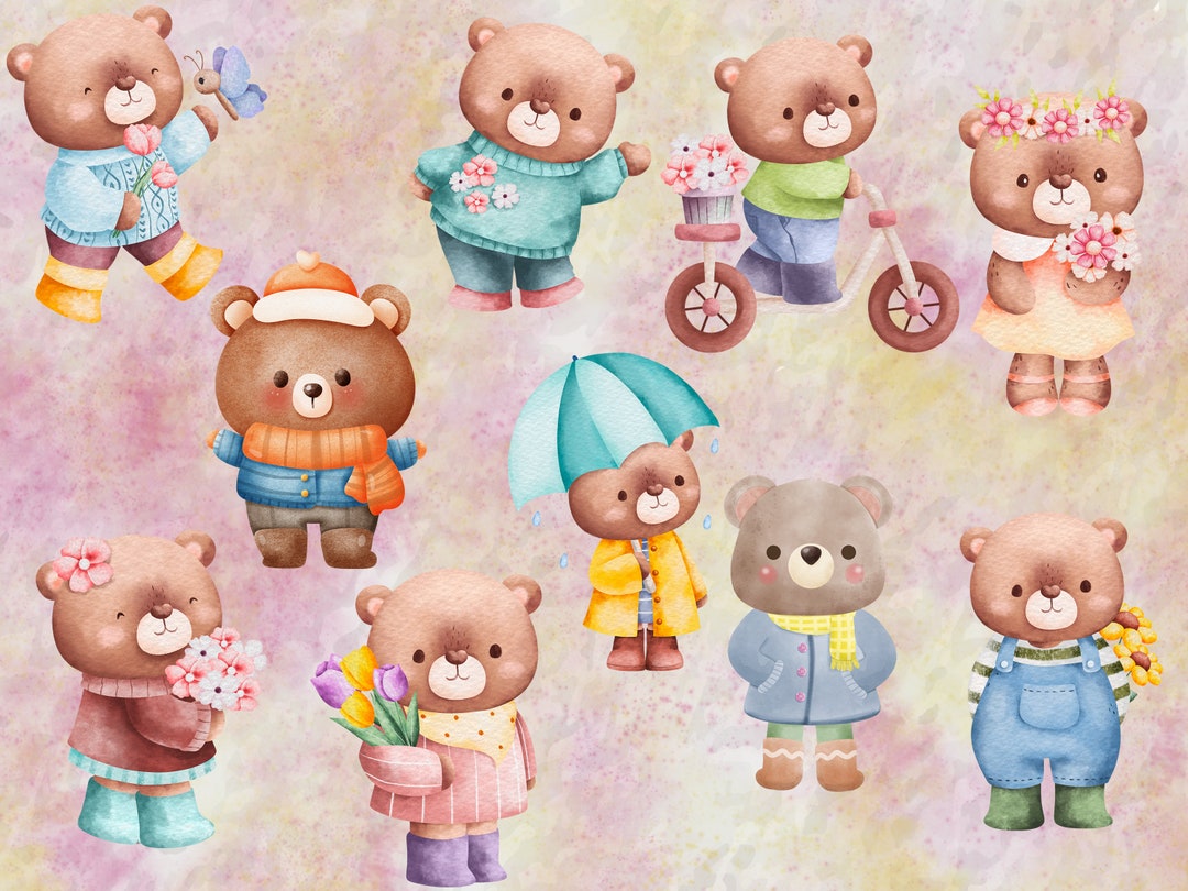 Watercolor Teddy Bear Clipart, Cute Teddy Bear Clipart, Boho Teddy Bear ...
