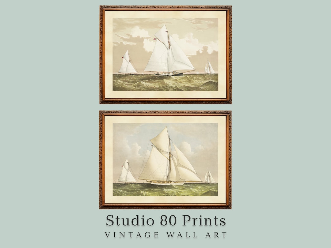 Set of 2 Nautical Prints Vintage Sailboat Gallery Wall Art Antique ...