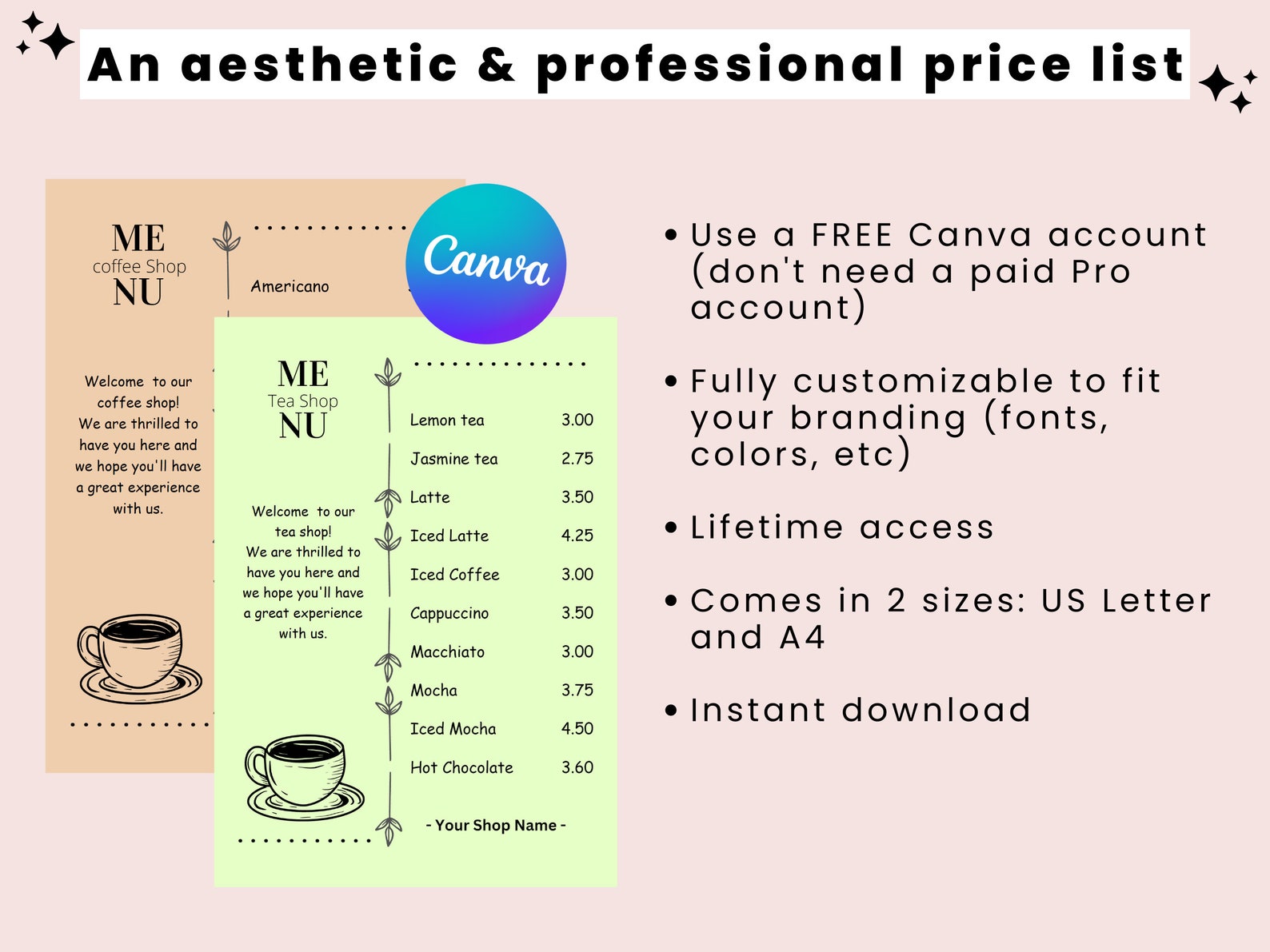 Coffee Menu Template Editable. Printable Price List, Price Guide ...